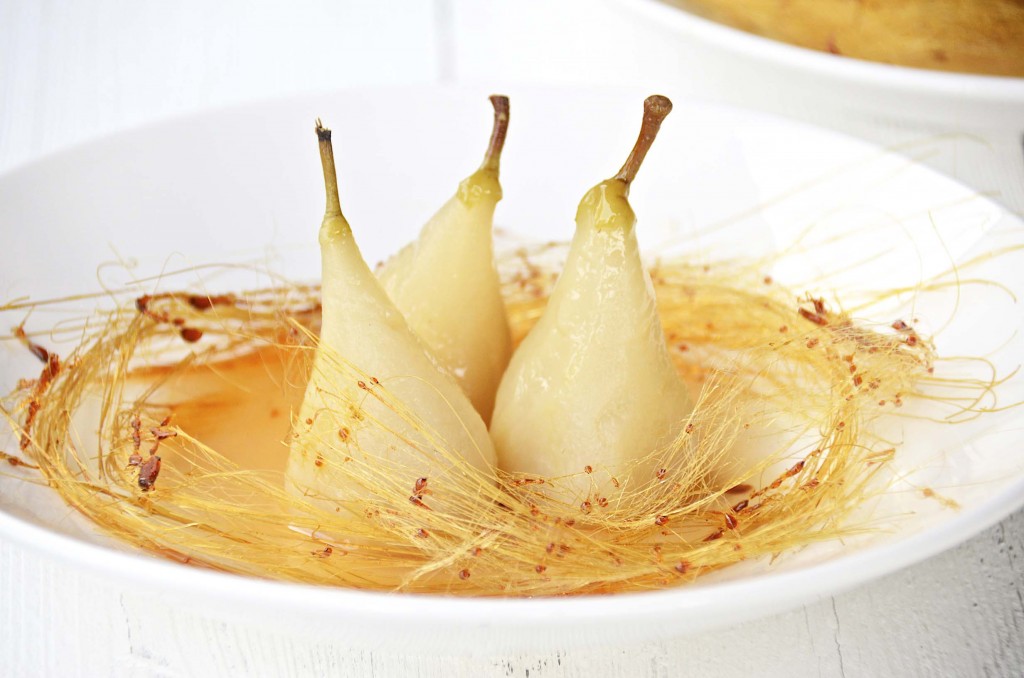 Riesling poached pears with spun sugar : Olive Oil and Lemons | Dina Honke