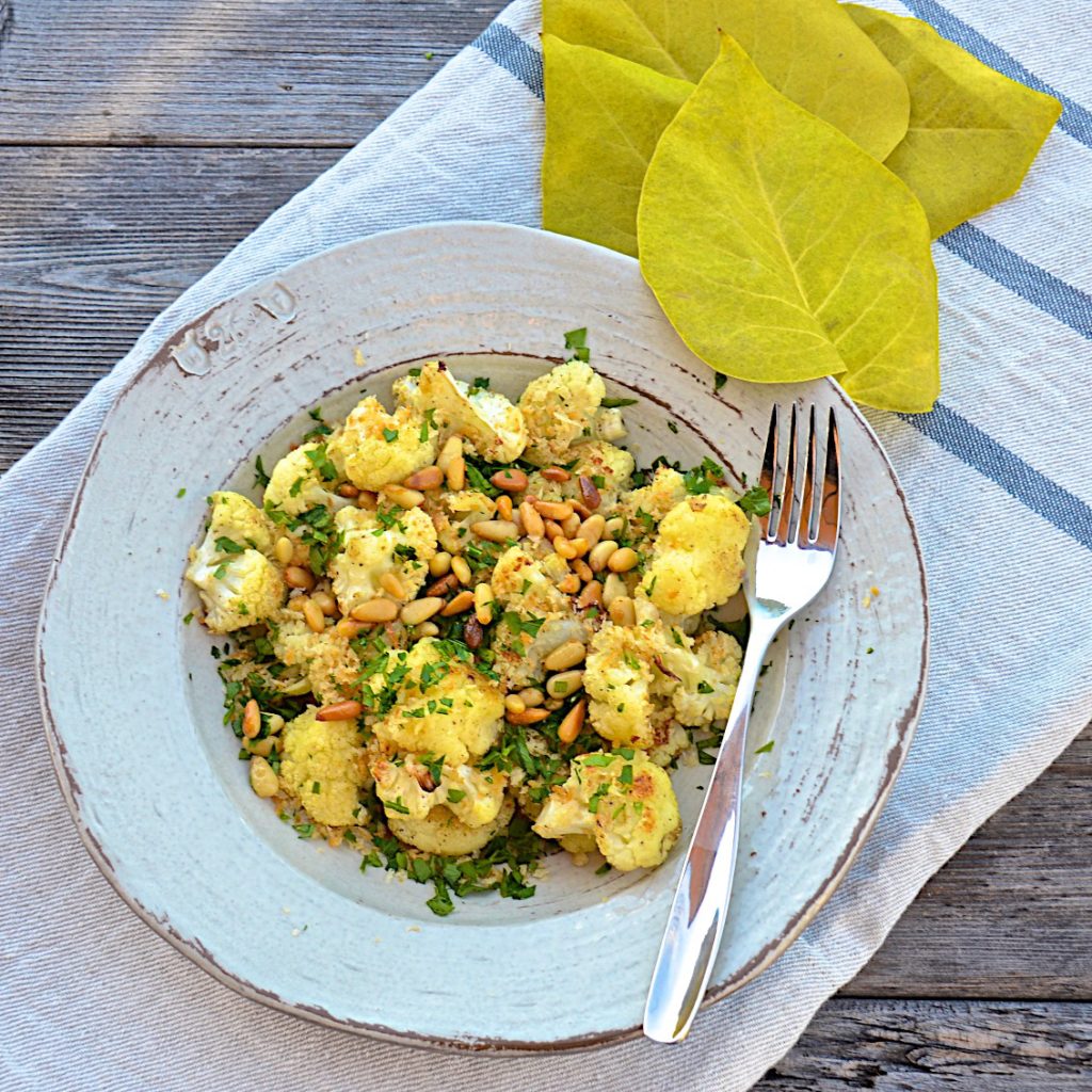 Roasted cauliflower with crispy crumbs and pine nuts : Olive Oil and ...
