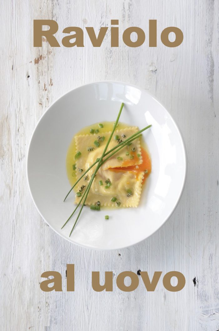 Raviolo al uovo, ricotta e carciofo (single raviolo with egg, ricotta ...